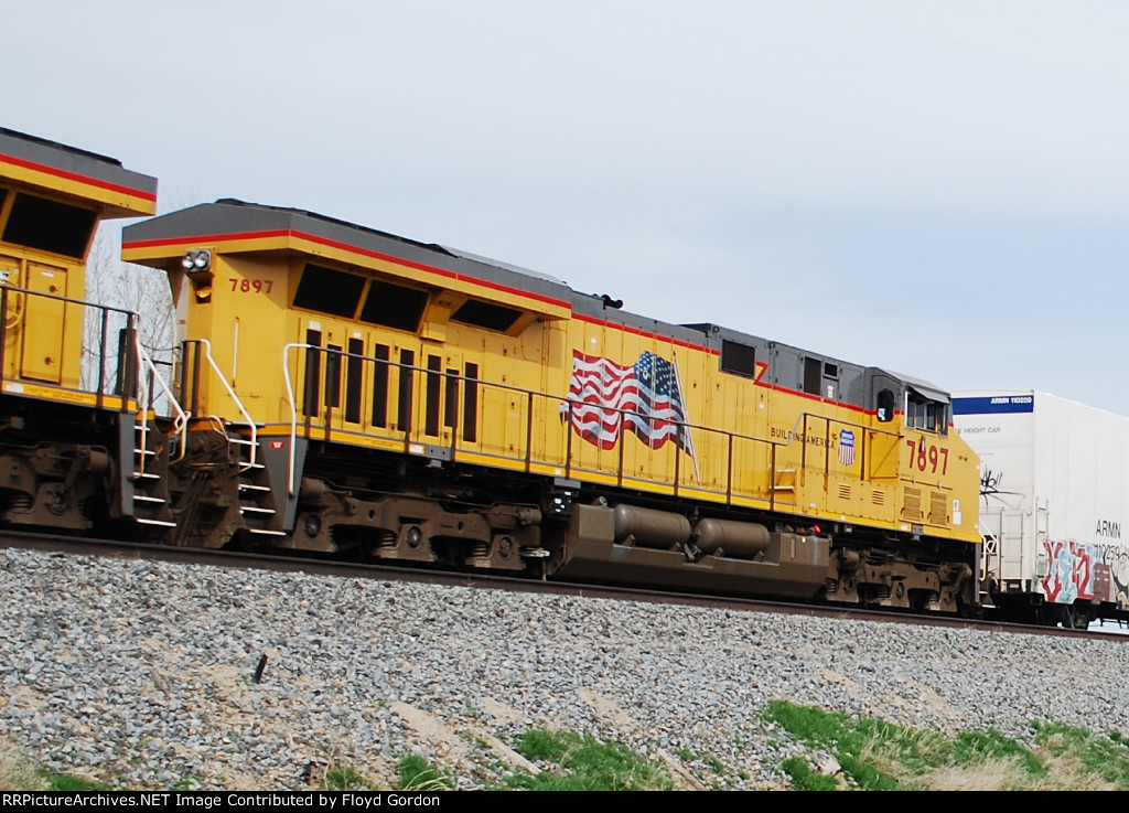 UP 7897 is trailing unit on all reefer east bound